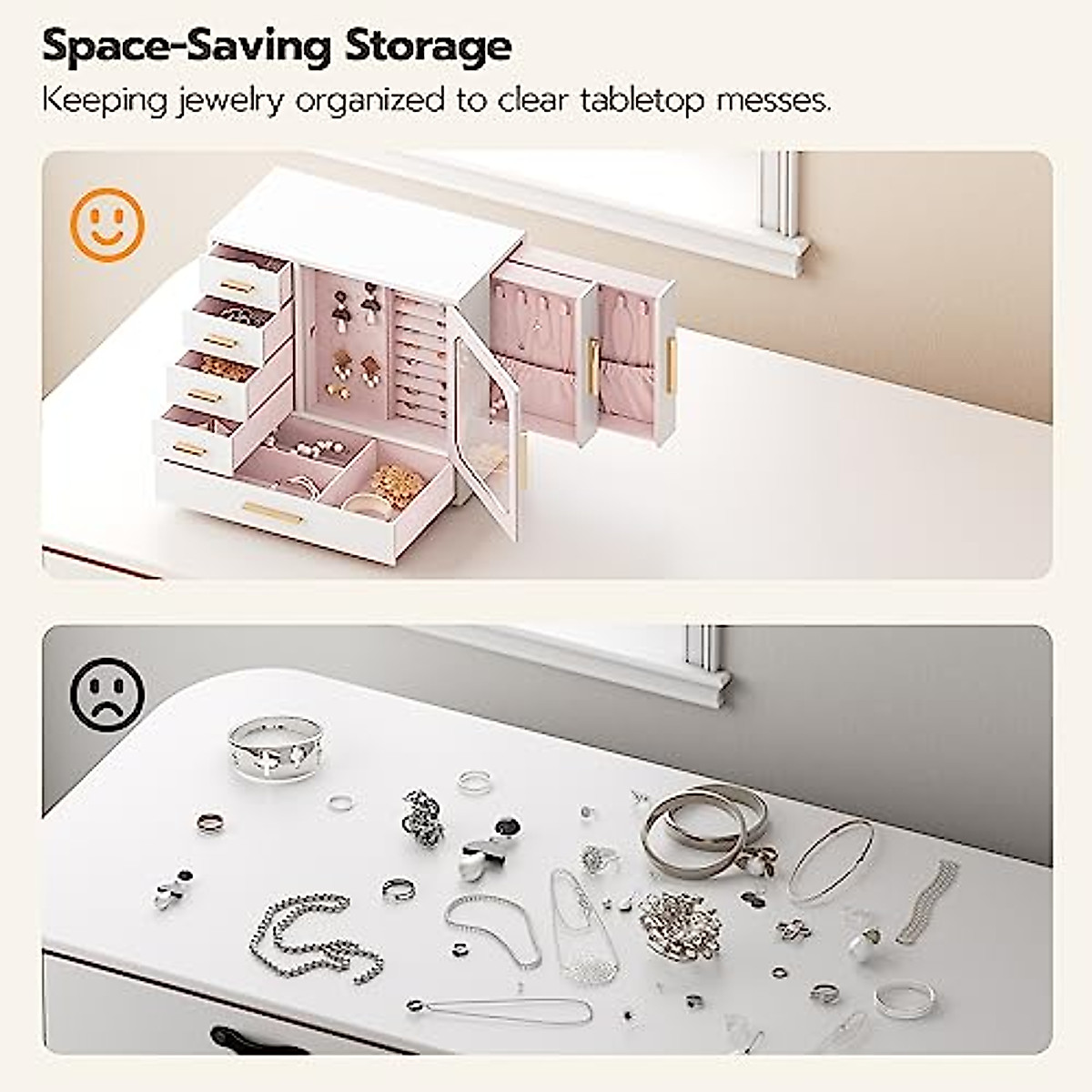 HOOBRO Jewelry Box with Glass Window, Large Capacity Jewelry Organizer, Jewelry Storage, Portable Jewelry Organizer Box, Modern Style, White and Light Gold WT05JB04