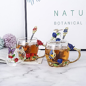 Guon-Wuvl 2 Pack Flower Teacup Transparent Glass Teacup, (With Spoon + Lid), Fancy Tea Cups, Flower Tea Cup,Tea Cup Gift, Tea Sets for Women,Gifts for Women (E)