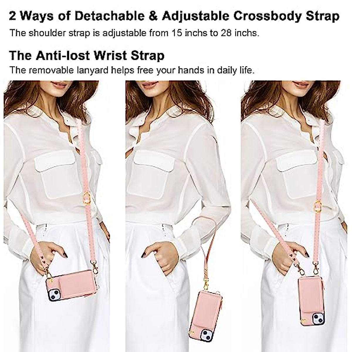 KIHUWEY Crossbody Wallet Case for iPhone 13 iPhone 14, Zipper Pocket Case with Card Holder, PU Leather RFID Protective Cover Case with Kickstand Detachable Wrist Strap Lanyard 6.1" (Rose Gold)