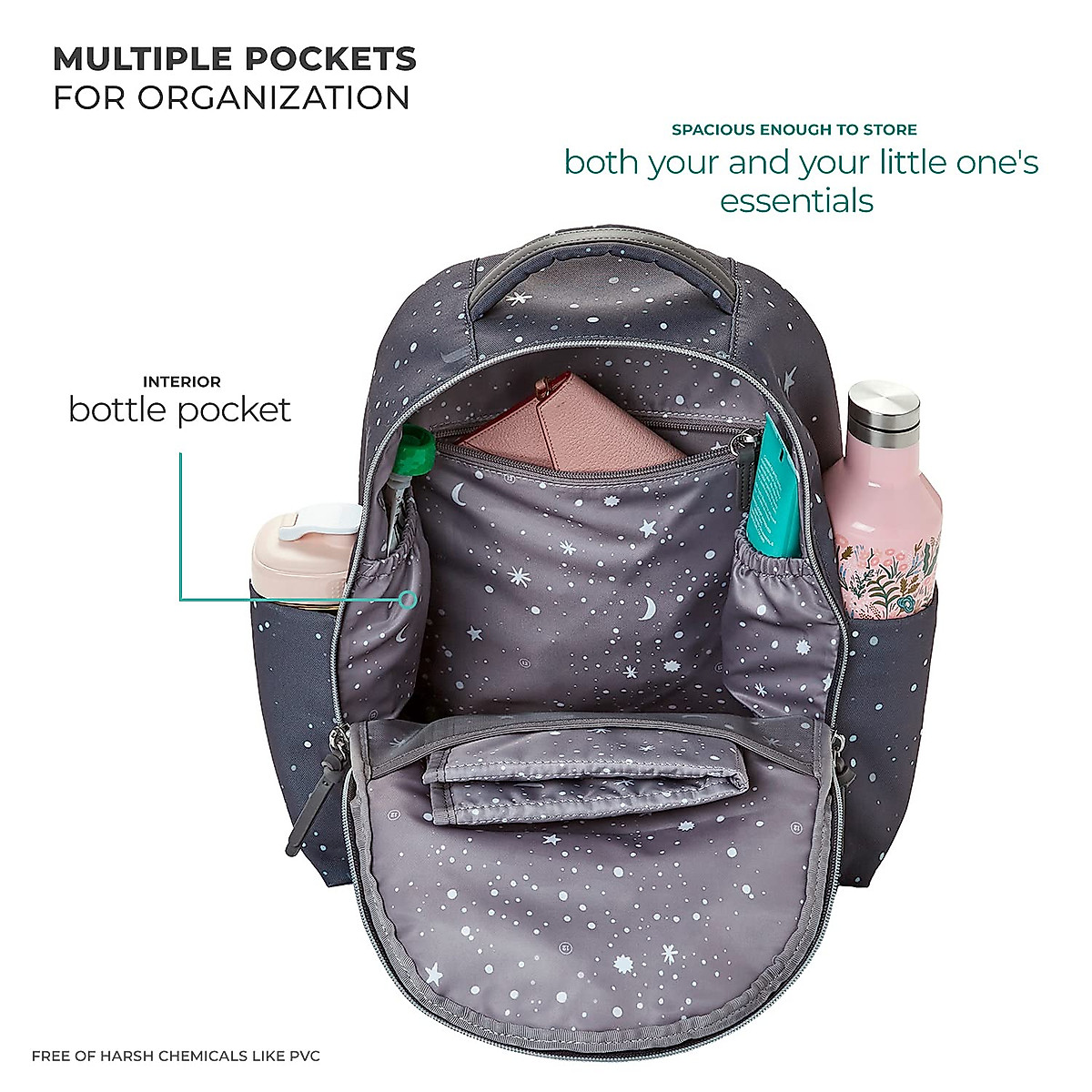 TWELVElittle Tiny Go Backpack Diaper Bag - Diaper Baby Bag with Changing Pad, Multiple Insulated Pockets in Grey Twinkle