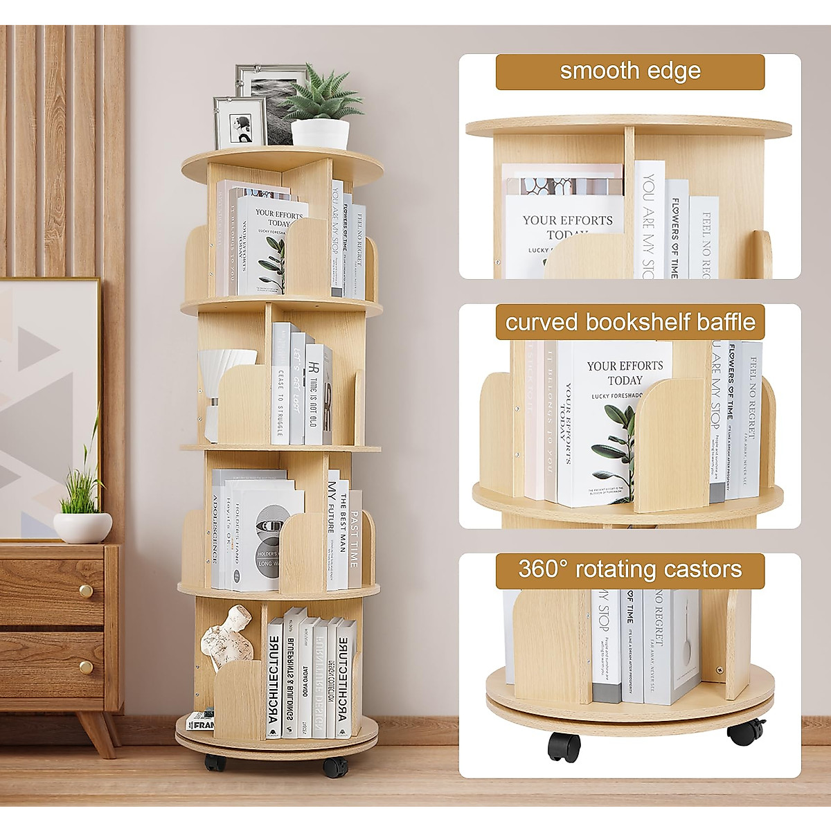 tonchean 4 Tier Rotating Bookshelf Tower,Wood Revolving Bookcase with Wheels Vertical Kids Toddler Bookshelf with Storage,Corner Display Bookshelf Rack for Library Study Office Living Room