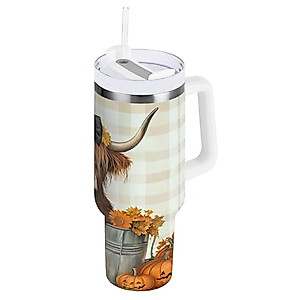 RPLIFE Highland Cow Sitting in Old Silver Stainless Steel Coffee Mug, Insulated Cup with Straw, Tumbler for Men