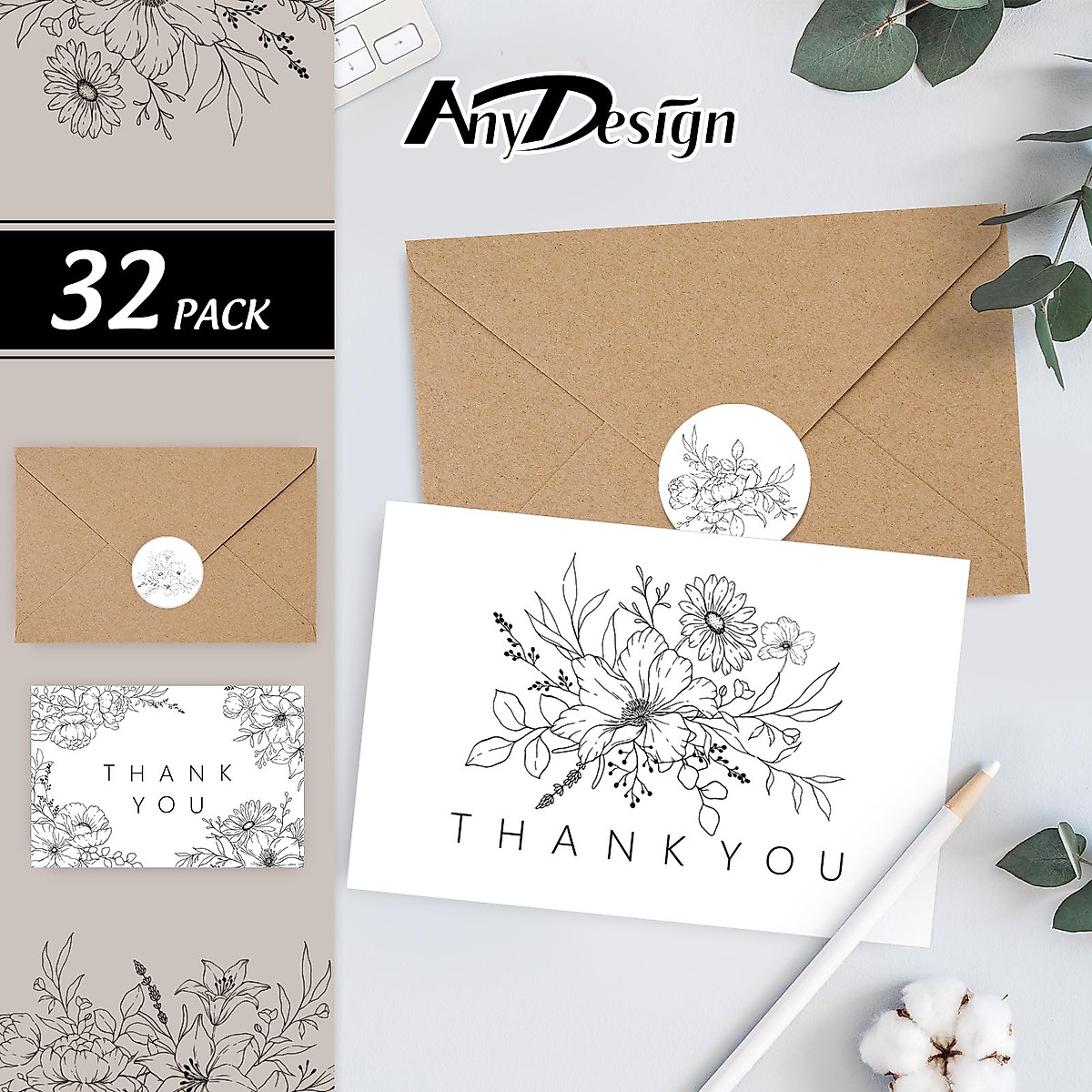 AnyDesign 32 Pack Floral Line Art Thank You Cards Black White Thank You Note Cards with Envelopes Stickers Minimalist Flower Blank Cards for Wedding Birthday Bridal Shower DIY Card Supplies