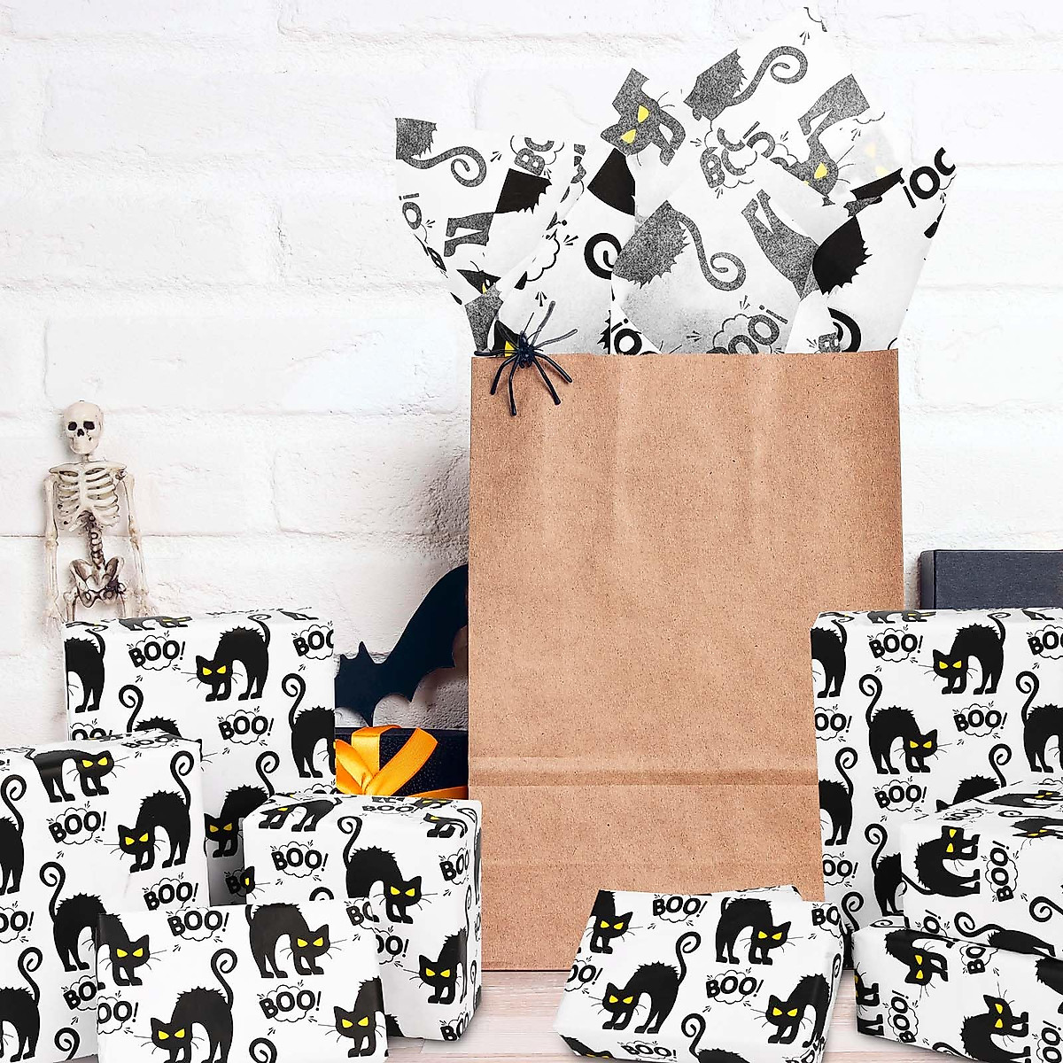 100 Sheets 20 * 14 Inches Halloween Tissue Paper for Gift Wrapping Black Cat Boo Pattern Decorative Tissue Paper for Halloween Party Trick or Treat Party DIY Craft