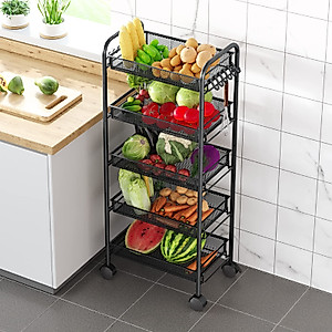 HomeHom 5-Tier Rolling Cart, Metal Utility Cart with Lockable Wheels, Rolling Storage Cart with Handle Kitchen Cart with 12 Hooks for Office, Bathroom, Kitchen, Kids' Room, Classroom (Black)