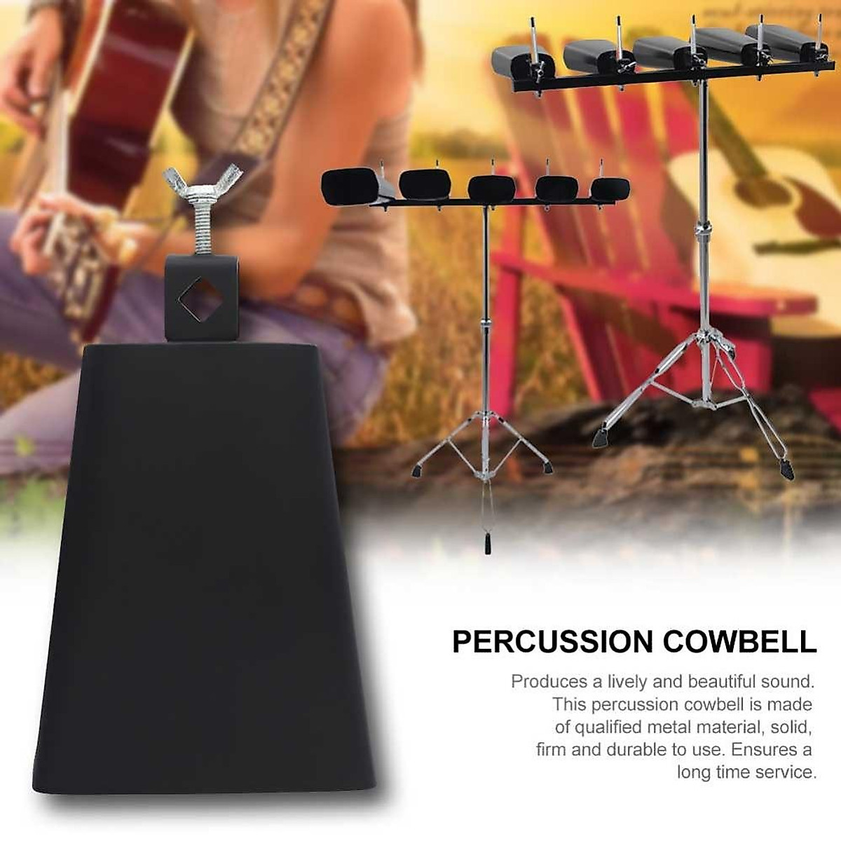 Cowbell Drum Cencerro,Plastic Cow Bell,Latin Percussion Cowbell 6 Inch Metal Cowbell Noise Maker with Handle for Drumset Kit Percussion Come with Stick Black Cow Bells Cowbell Drum Musical Cow Bell