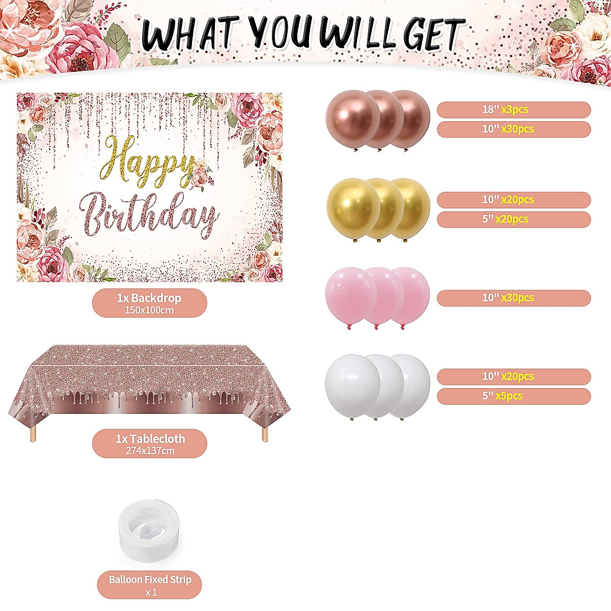 Floral Happy Birthday Decorations Women, 131PCS Rose Gold Flower Birthday Party Supplies Including Happy Birthday Backdrop, Balloon Arch/Garland Kit, Birthday Tabblecloth for Girls