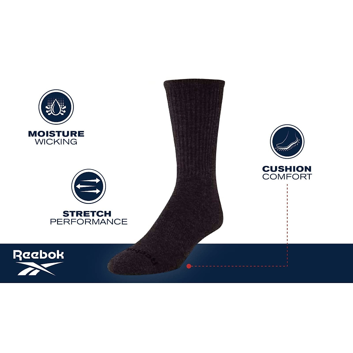 Reebok Men's Cushioned Comfort Athletic Performance High Crew Socks (5 Pack), Size 6-12.5, Lead Grey