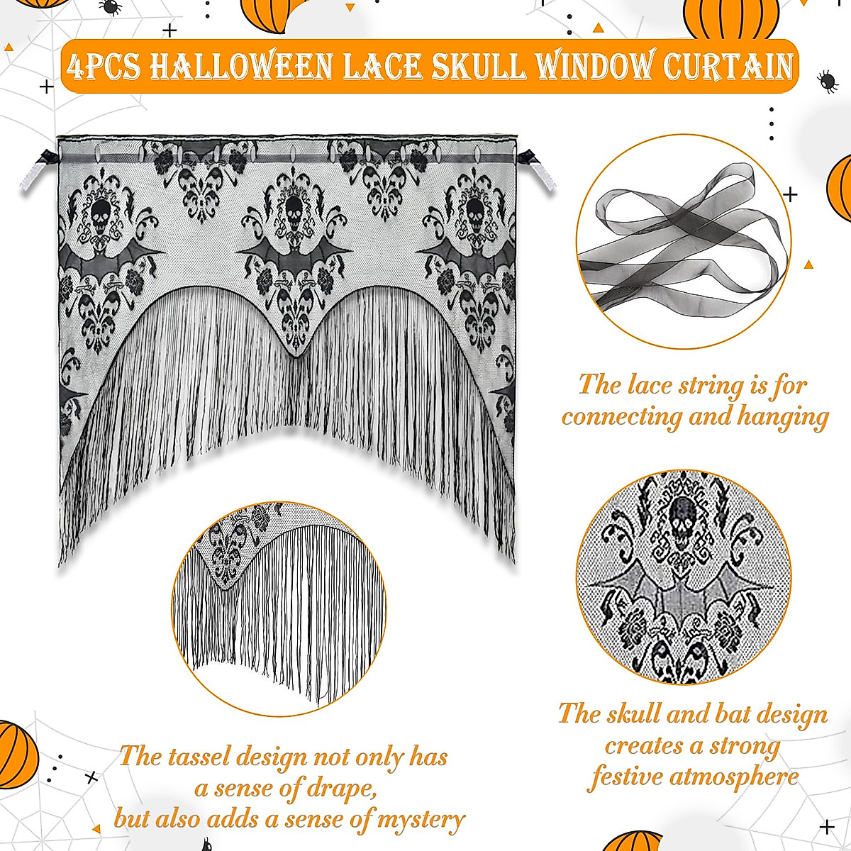 ZeeDix 2 Pcs Halloween Lace Bat Window Curtain- Black Fireplace Mantles Scarf, Door Curtain and for Halloween Home Party Decorations, Halloween Party Supplies