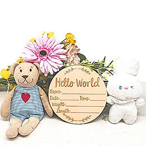Atopxing Wooden Baby Announcement Sign,5.9 Inch Hello World Newborn Sign,Baby Birth Announcement Sign, Baby Name & Arrival announcements Board for Photo Prop Baby Shower Hospital Nursery Gift.