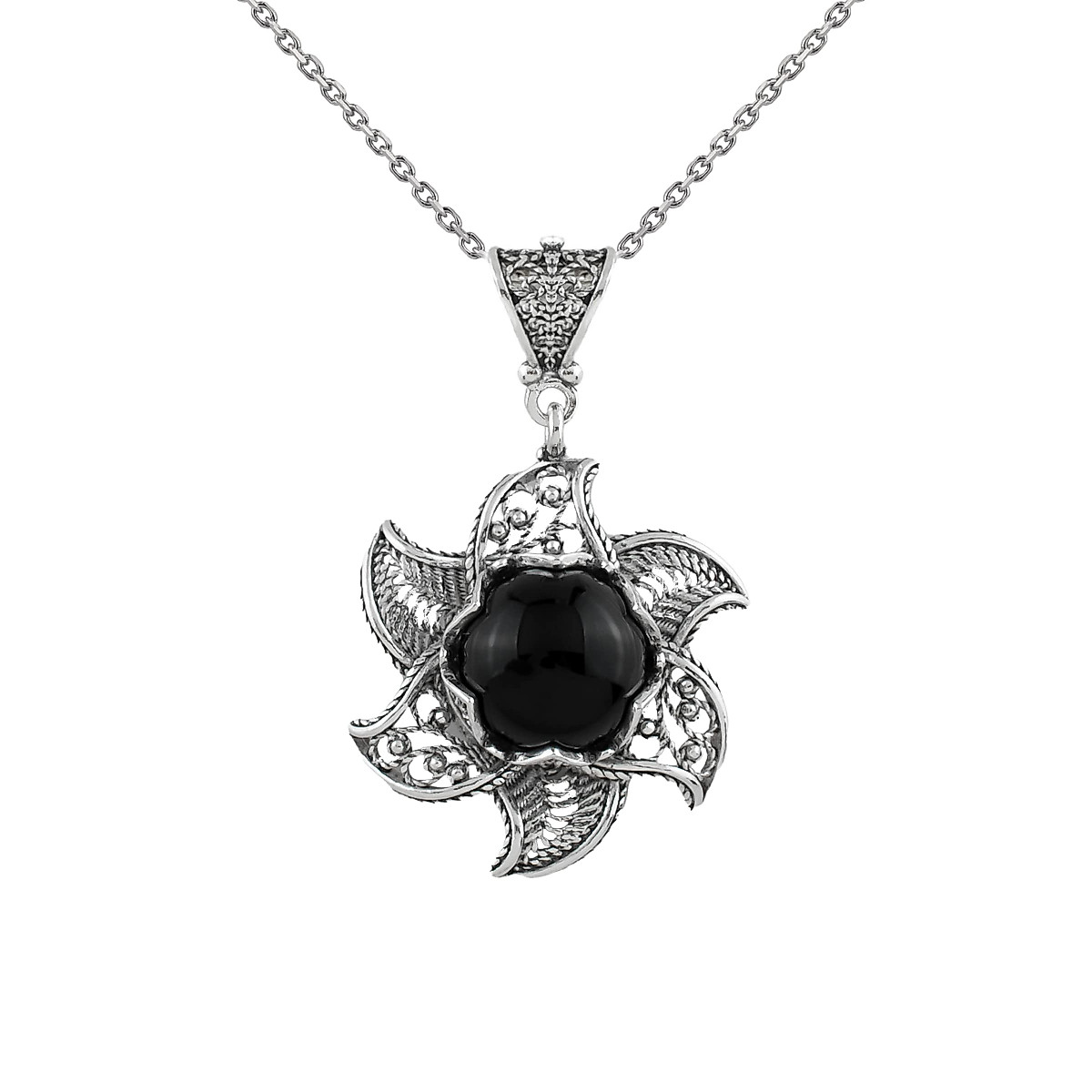 Filigranist 925 Sterling Silver Filigree Art 3D Lotus Flower Women Pendant Necklace with Gemstones (Black Onyx)
