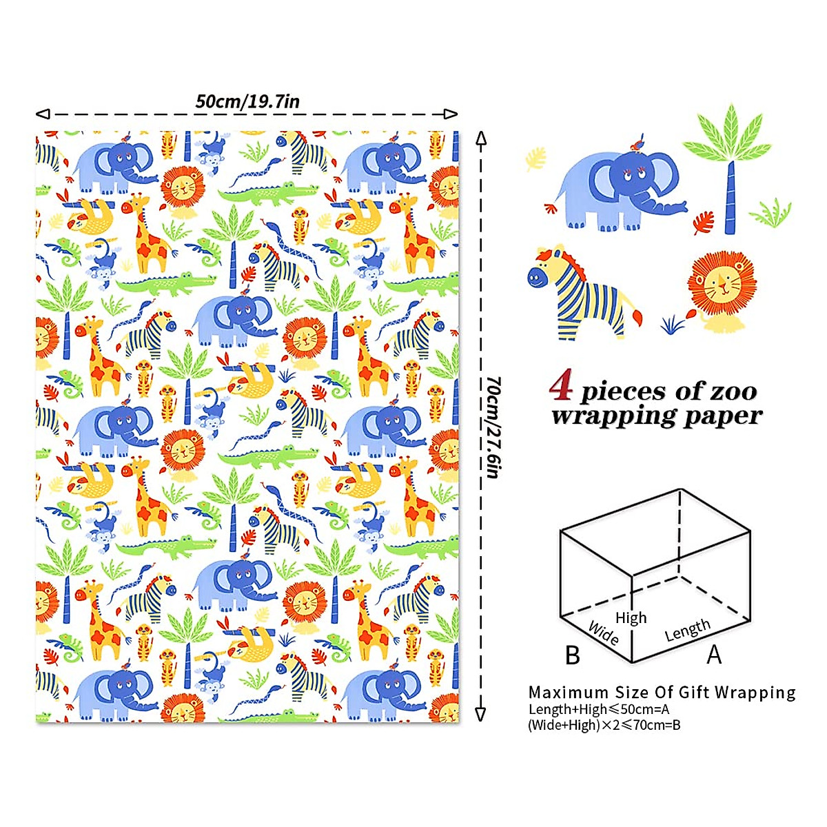 Wild Safari Zoo Jungles Animals Fun Wrapping Paper 4 Sheets for Kids Boys Girls, Adorable Gift Wrap for Birthday Baby Shower Children's Day Christmas, Folded Flat 20x30 Inches Per Sheet