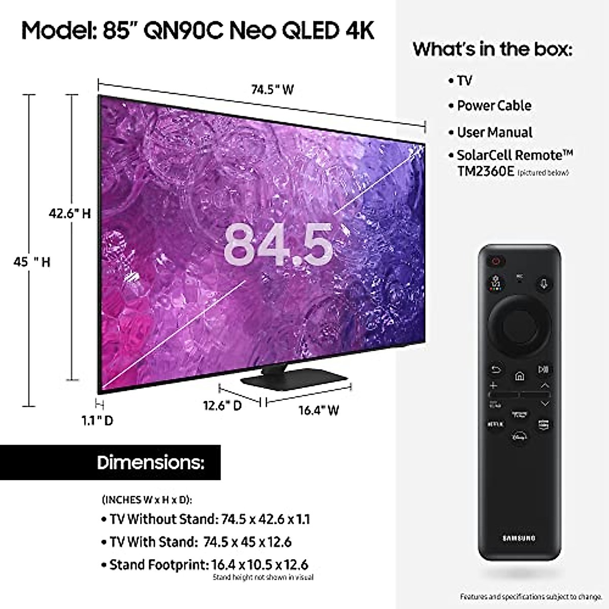 SAMSUNG 85-Inch Class Neo QLED 4K QN90C Series Neo Quantum HDR+, Dolby Atmos, Object Tracking Sound+, Anti-Glare, Gaming Hub, Q-Symphony, Smart TV with Alexa Built-in (QN85QN90C, 2023 Model)