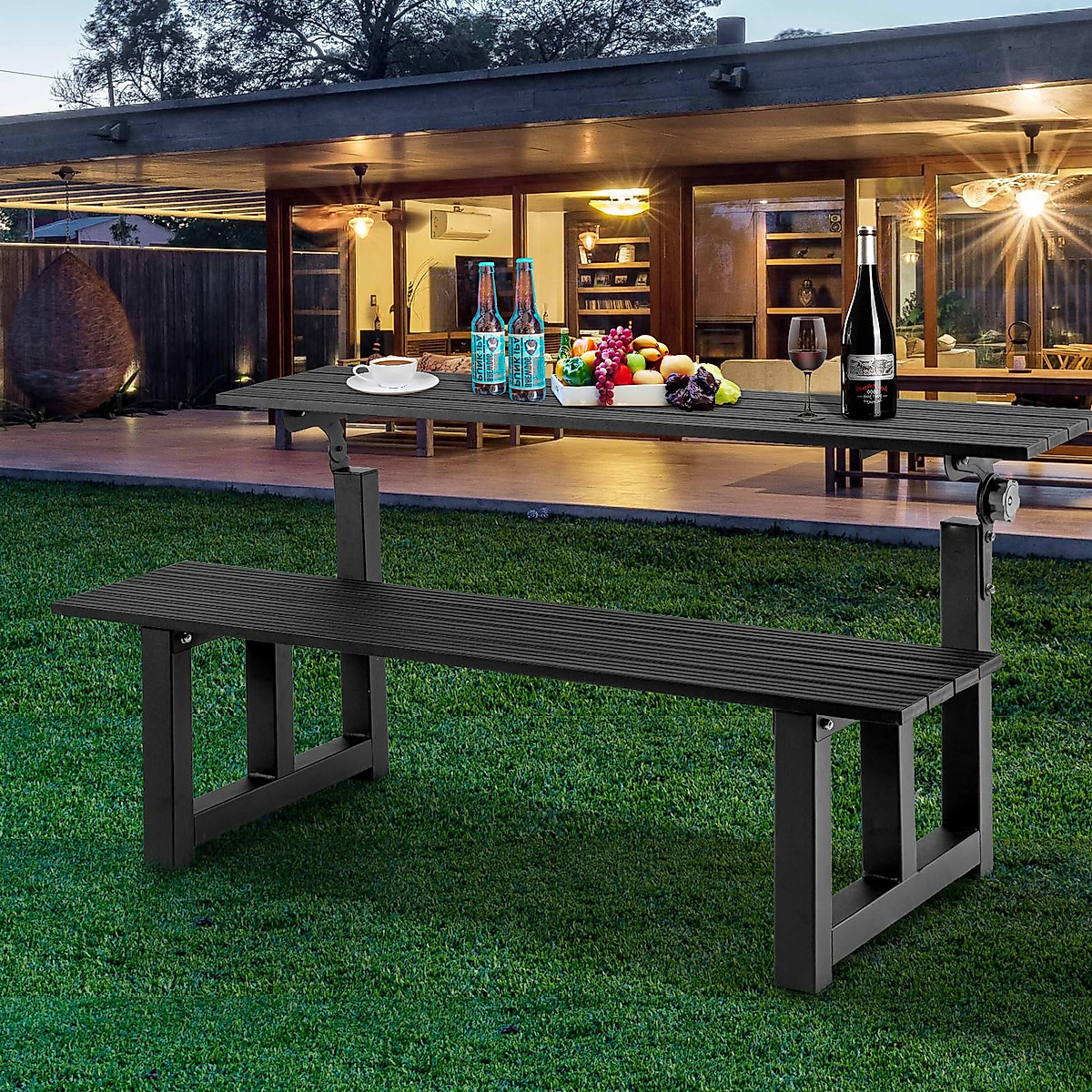 Ajikgn Aluminum Outdoor Convertible Bench Black, Total 400 LBS Load Capacity Bench Light Weight, All-in-one Table & Bench, Multi-Functional Outdoor Bench/Work Table for Park Garden,Patio and Lounge