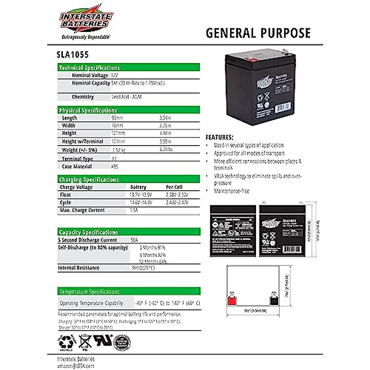 Interstate Batteries 12V 5Ah Battery (SLA1055) & 12V 8Ah Battery (SLA1075) Rechargeable Sealed Lead Acid SLA AGM (F1 Terminal) Wireless Internet UPS Systems, 5.94" x 2.56" x 3.70" (LxWxH)