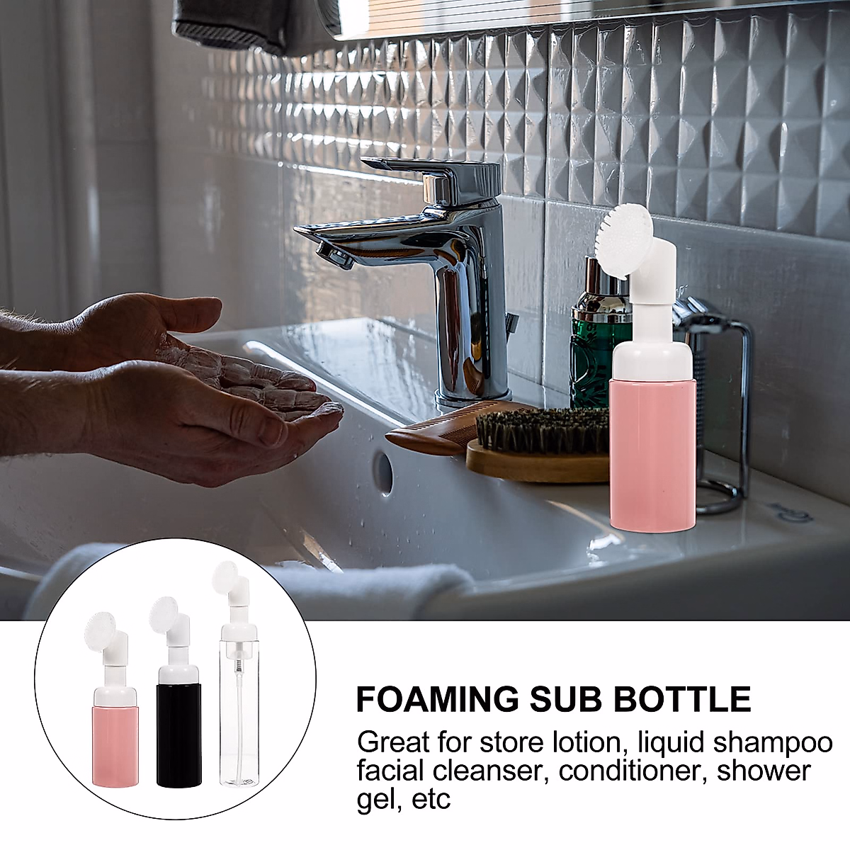 Foaming Dispenser 3Pcs Foaming Soap Dispenser Empty Facial Foam Bottle Hand Soap Containers with Foam Massage Clean Brush Head for Home Bathroom 100ml 30ml