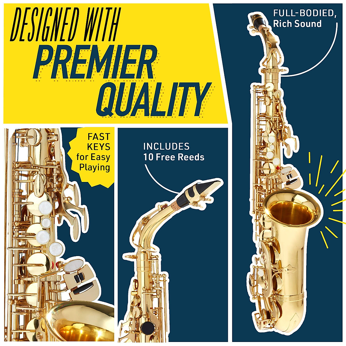 Mendini By Cecilio Eb Alto Saxophone - Case, Tuner, Mouthpiece, 10 Reeds, Pocketbook- Black & Gold E Flat Musical Instruments