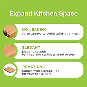 Prosumer's Choice Non-slip Bamboo Cutting Board With Built-In Containers and Storage - Chopping Board with Tray Board- Heavy Duty Wooden Cut Board - for Veggies, Fruits, MeatsPros