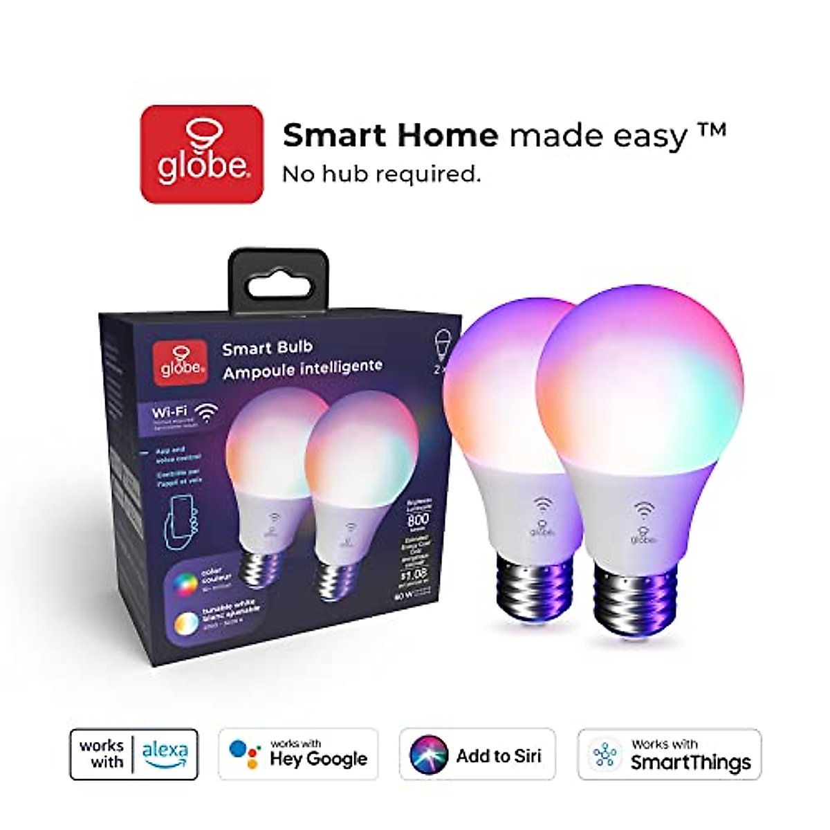 Globe Electric 34207 Wi-Fi Smart 10 Watt (60W Equivalent) Multicolor Changing RGB Tunable White Frosted LED Light Bulb 2-Pack, No Hub Required, Voice Activated, 2000K - 5000K, A19 Shape, E26 Base
