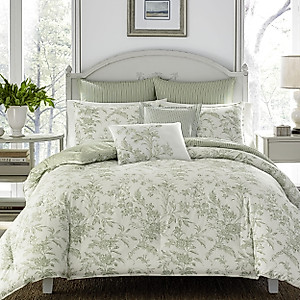 Laura Ashley Home - Queen Duvet Cover Set, Reversible Cotton Bedding, Includes Matching Shams with Bonus Euro Shams & Throw Pillows (Natalie Green, Queen)