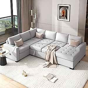 U Shaped Oversized Convertible Sectional Sofa with Pull Out Bed and Chaise Lounge, Chenille Upholstery Sleeper Corner Couch Sofabed w/ USB and Type-C port , Tufted Sofá Cama for Living Room Furniture