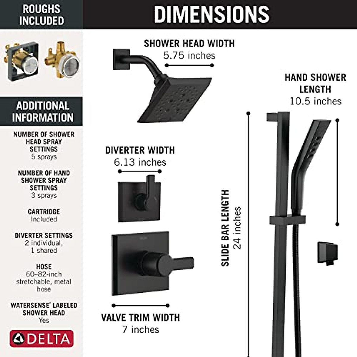 Delta Faucet Pivotal 3-Setting Matte Black Shower System Including Black Shower Head, Slide Bar Handheld Shower, Shower Handle, Shower Diverter and Shower Valve Kit, Delta Shower Trim Kit, Matte Black