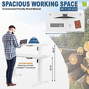 Vongrasig Height Adjustable Electric Standing Desk, 48 x 24 Inches Home Office Stand Up Table Computer Workstation with Splice Table Board & Memory Controller (White Frame + White Desktop)