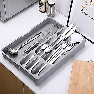 MIAO JIN Cutlery Expandable Storage Box Kitchen Drawer Storage Tray Adjustable Plastic Spoon Fork Cutlery Organizer Compact Cutlery Manager suitable for kitchen drawers Expandable Cutlery tray