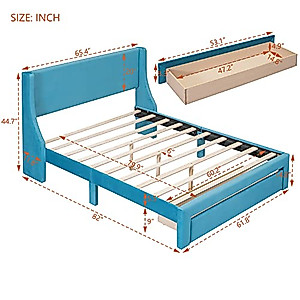 HBRR Queen Size Bed Frame with Drawer and Headboard, Velvet Upholstered Platform Bed with Wood Slats, Mattress Foundation, No Box Spring Needed, Easy Assembly, Blue