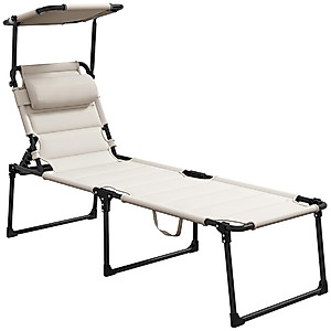 Outsunny Outdoor Lounge Chair, Adjustable Backrest Folding Chaise Lounge, Cushioned Tanning Chair with Sunshade Roof & Pillow Headrest for Beach, Camping, Hiking, Cream White