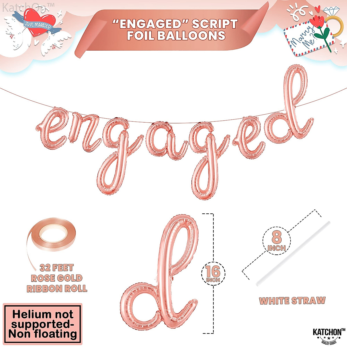 KatchOn, Rose Gold Engaged Balloons - 10 Feet, 16 Inch | Engagement Balloons for Engagement Party Decorations | Engagement Decorations | Bachelorette Party Decorations | Bridal Shower Decorations