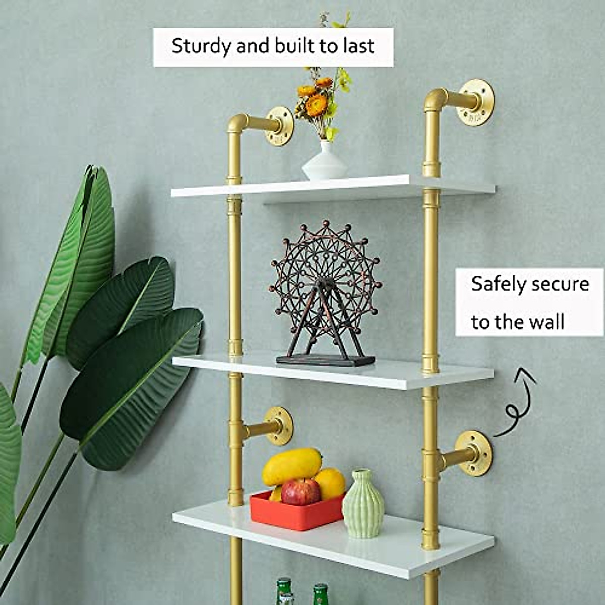 HEONITURE 5 Shelf Modern Gold Bookshelf, Wall Mount White Bookcase, Ladder Shelf with Metal Frame, Display Shelf Shelves for Living Room/Home/Office