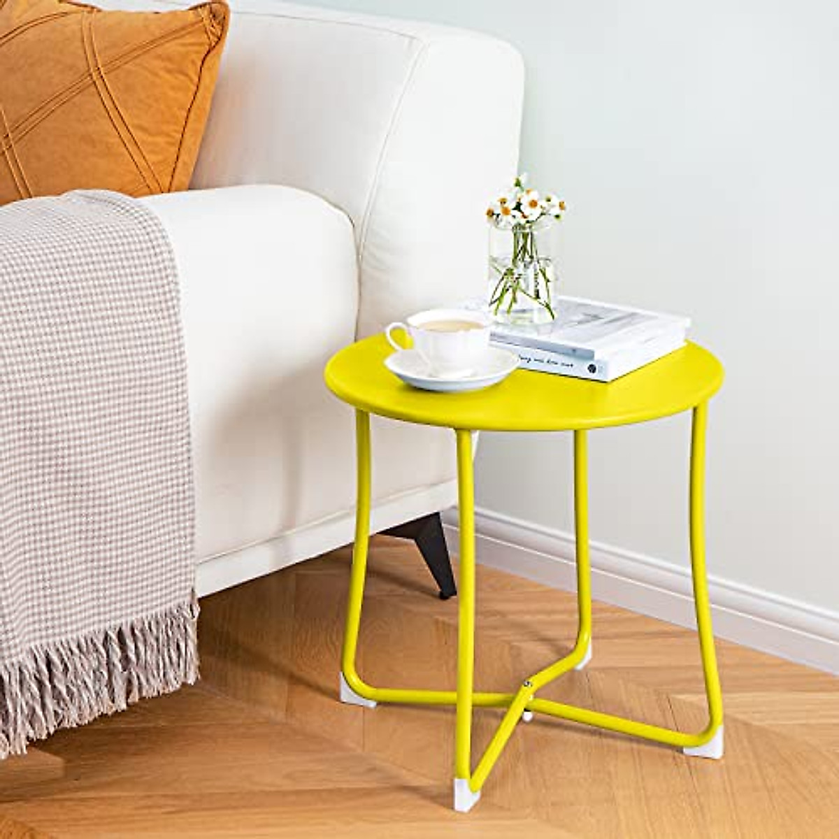 AMAGABELI GARDEN & HOME Metal Patio Side Table 18” x 18” Weather Resistant Anti-Rust Outdoor End Table Small Steel Round Coffee Table Porch Table Snack Table for Balcony Garden Yard Lawn, Yellow