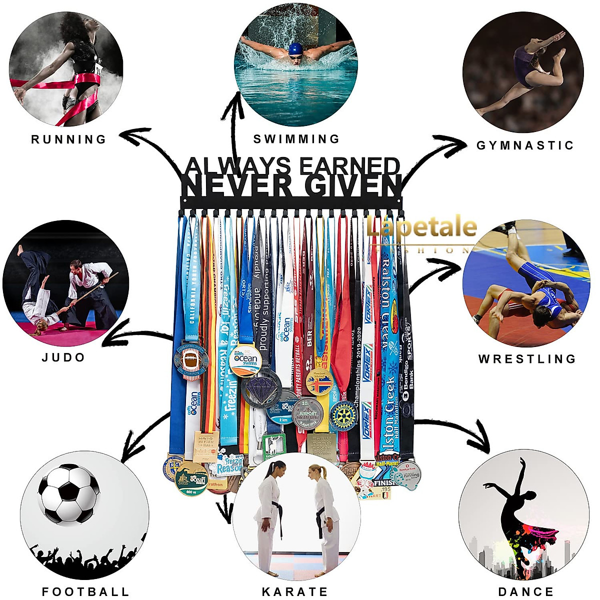 Lapetale Fashion Always Earned Never Given Medal Holder Hanger Display Rack Award Ribbon Organizer for Race,Running,Soccer,Gymnastic,Wrest