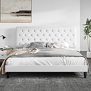 SHA CERLIN King Size Bed Frame with Button Tufted Headboard, Faux Leather Upholstered Mattress Foundation, Platform Bed Frame, Wooden Slat Support, No Box Spring Needed, White