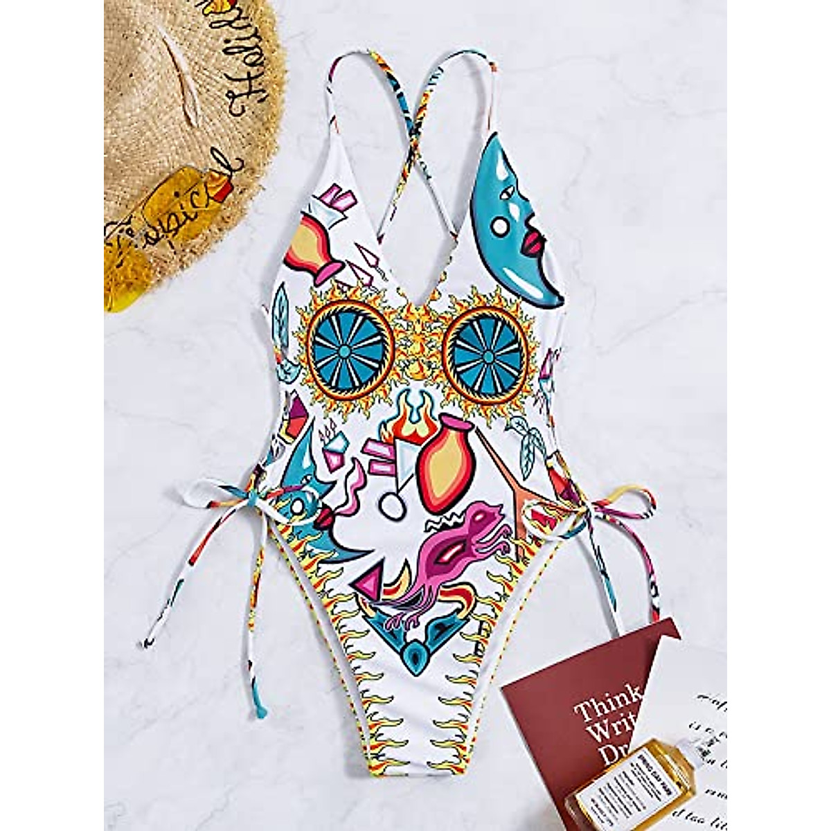 OYOANGLE Women's All Over Print Plunge Neck Cross Back High Cut Lace Up One Piece Swimsuit Multicolor Print L