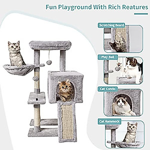 MIAO PAW 10Grey Cute Cat Tree Tower for Indoor Cats - Condo with Sisal Scratching Posts，Jump Platform Cat Furniture Activity Center Play House Bed