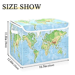 World Map Storage Basket 16.5x12.6x11.8 In Collapsible Fabric Storage Cubes Organizer Large Storage Bin with Lids and Handles for Shelves Bedroom Closet Office