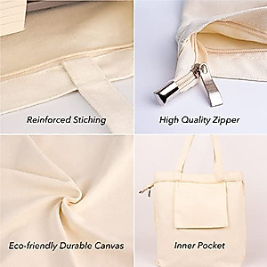 LAFORTIS Aesthetic Canvas Tote Bag with Zipper Inner Pocket, Cute Bear White Cotton Shopping Reusable Grocery Bags for Women Teachers as Gifts