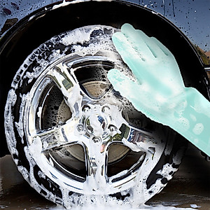 Aconcept 2 pair Dishwashing Cleaning Gloves for Kitchen, Rubber Reusable Scrubber Glove with Marker Pen, Silicone Soft Bristles Gloves for Household Cleaning, Pet Care, Car, Vegetable Washing, Green