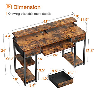 ODK Computer Desk, 48 inch Office Desk with Keyboard Tray, Writting Desk with Drawers and Monitor Stand, Study Table with CPU Stand and Removable Shelf for Storage, Rustic Brown