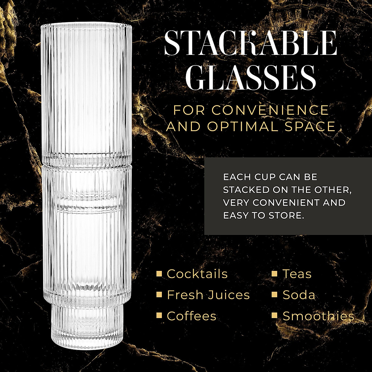 Kitchen Lux Ribbed Drinking Glasses - Ribbed Glass Cups 15 oz - Ribbed Glassware Set of 6 - Textured Vintage Retro Ripple Aesthetic Glass Ware for Whiskey Cocktail Beer Water, Coffee Bar Accessories