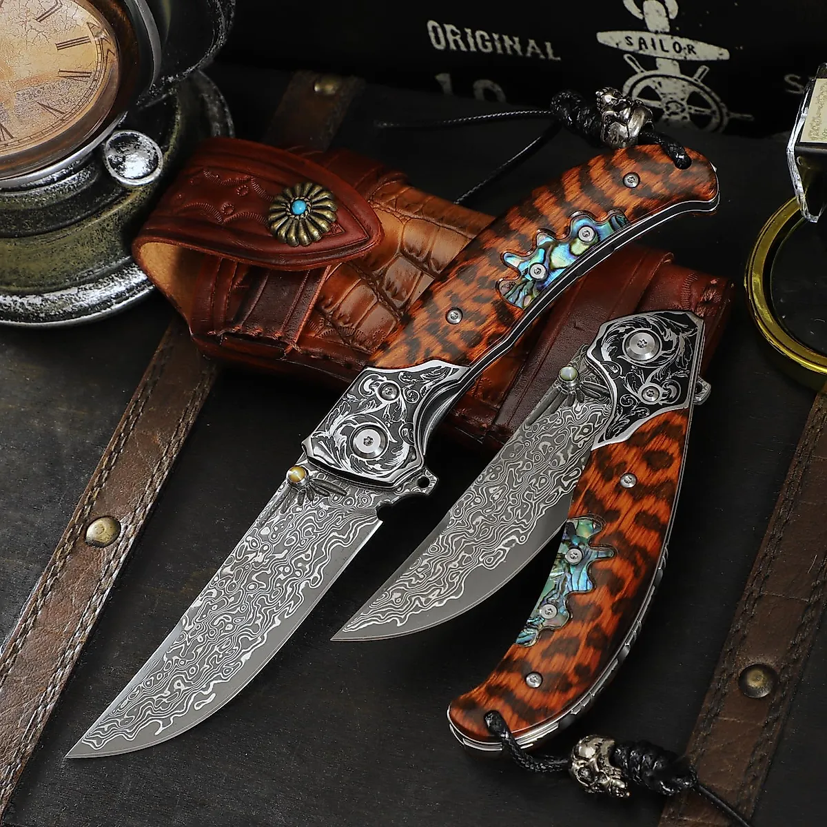 ALVELY Handmade Folding Pocket Knife, 3.6in Straight Alloy Steel Blade, Snake Lines Wood Handle, Liner Lock, with Leather Sheath, EDC Unisex Adult Knife