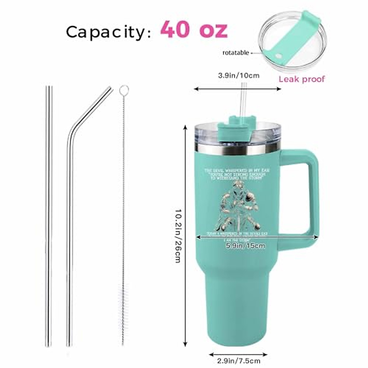 40 ounce insulated cup with handle, double-layer vacuum stainless steel material, equipped with straw, can keep warm or maintain cold drinks Hand Painted Alphabet Samurai Lake Green