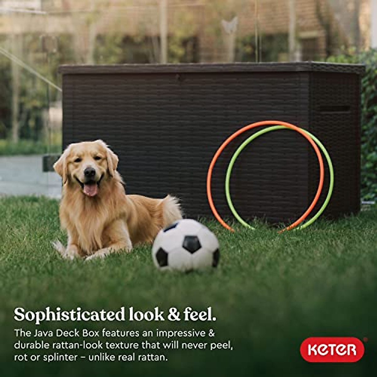 Keter XXL Java 230 Gallon Resin Rattan Look Large Outdoor Storage Deck Box for Patio Furniture Cushions, Pool Toys, and Garden Tools