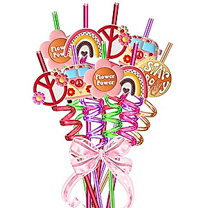 60's Hippie Boho Party Favors Two Groovy Straws Reusable Plastic Drinking Straws 8 Designs 24pcs, Boho Rainbow Birthday Party Favor Kids with 2 Cleaning Brush