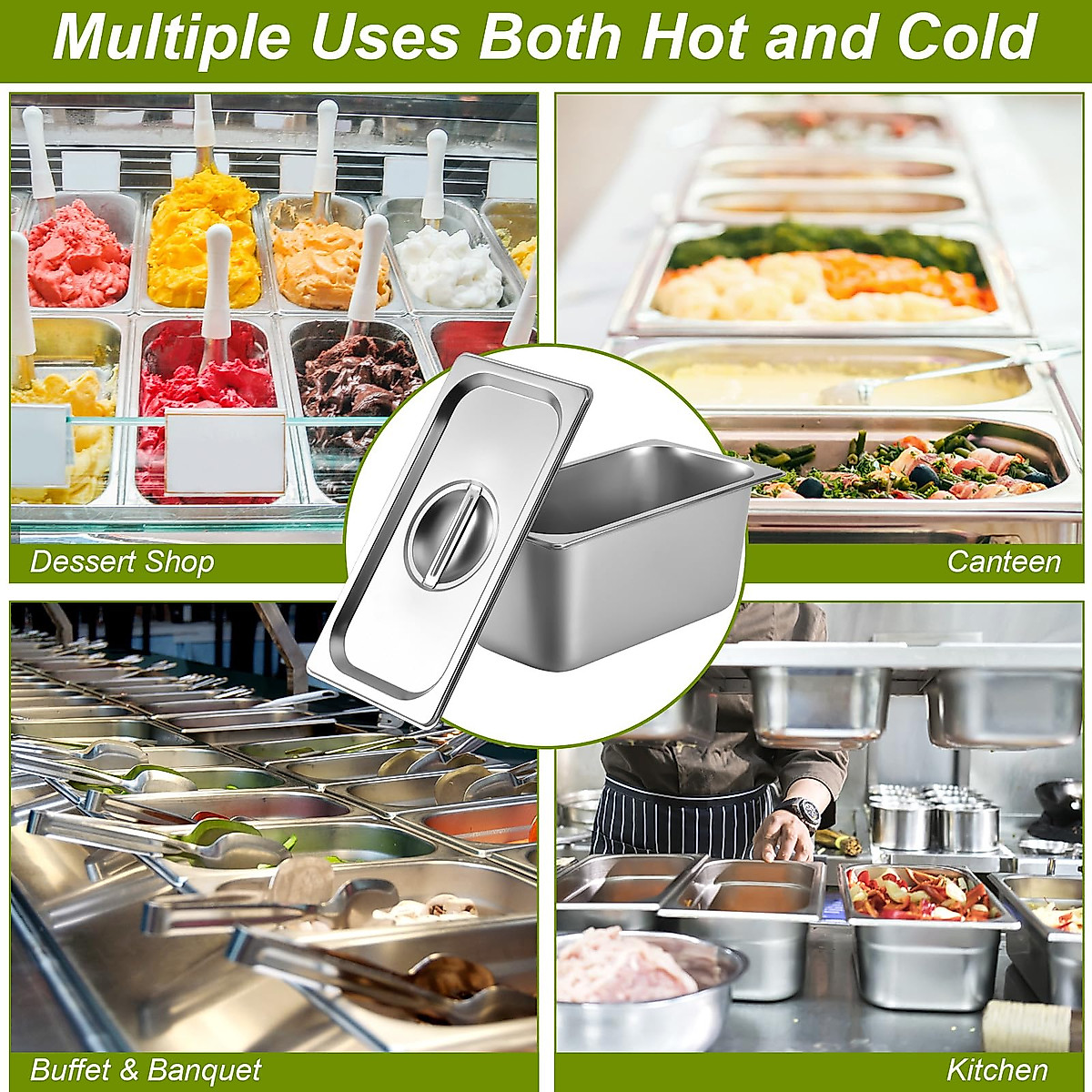 1/6 Size 8 Pack Stainless Steam Hotel Pan with Lids, 6" Deep 1.2 mm Thick Stainless Steel Jam Steam Pan, Steam Table Pan for Restaurant, Hotel, Party