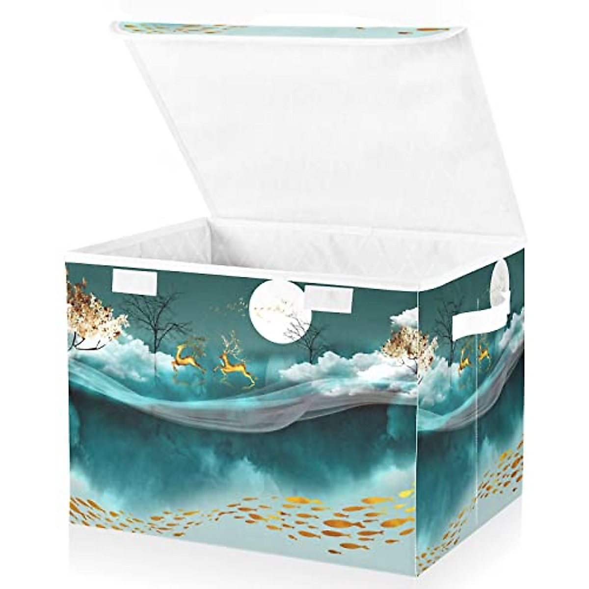 RunningBear 3d Illustration Deer Forest Large Storage Bins with Lid Collapsible Storage Bin Cubes Boxes Cute Bin for Home Office