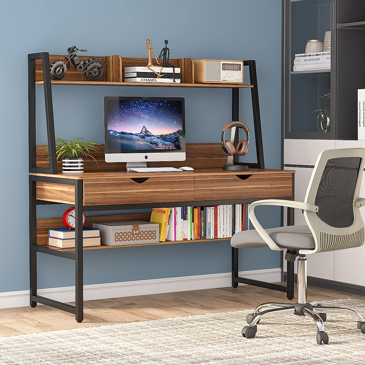 Tribesigns Large Computer Desk with Bookshelf and Drawers, Writing Desk Gaming Gamer Table with Storage and Hutch, 47 “Wood and Metal Craft Table for Home Office