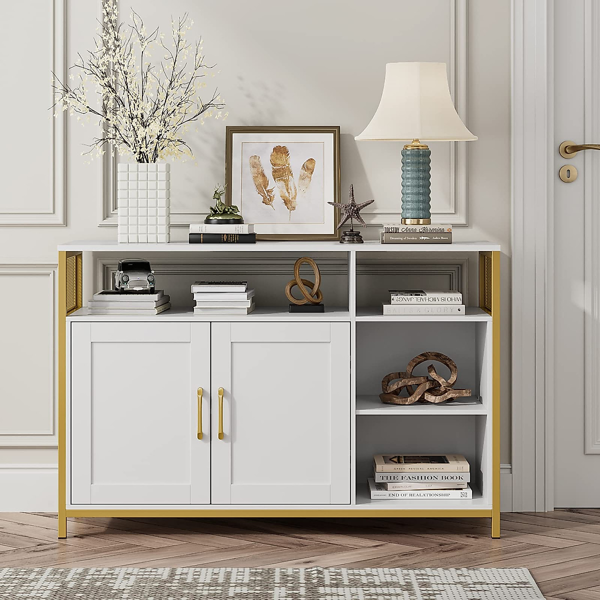 HITHOS Sideboard Buffet Cabinet, Gold Storage Cabinet with Doors and Adjustable Shelves, Modern Coffee Bar Cabinet Accent Cabinet for Kitchen, Dining Room, Living Room, Entryway, Gold/White